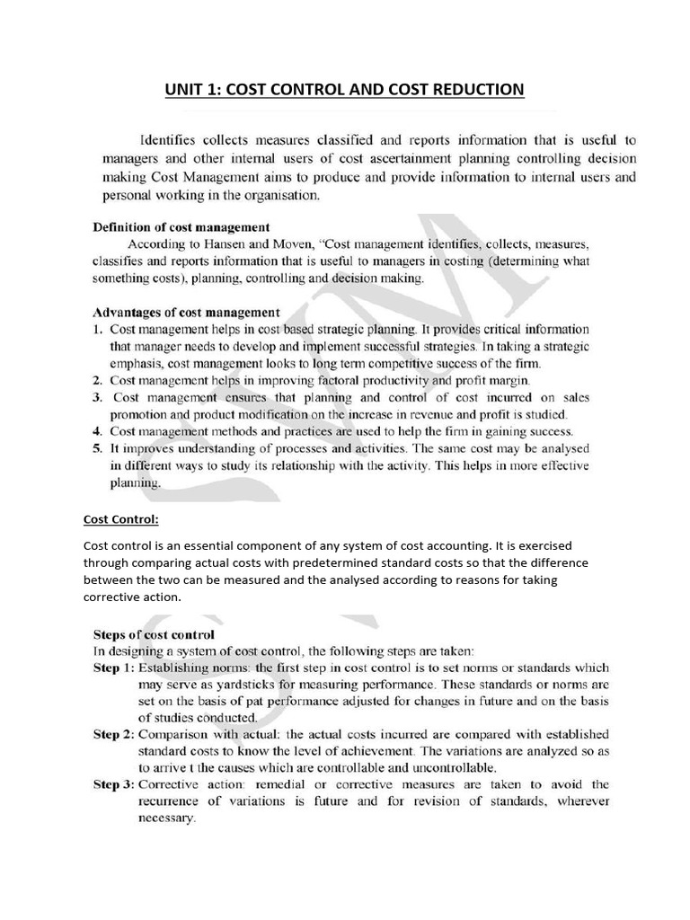 Unit 1 Cost Control and Cost Reduction | PDF | Business Process | Business