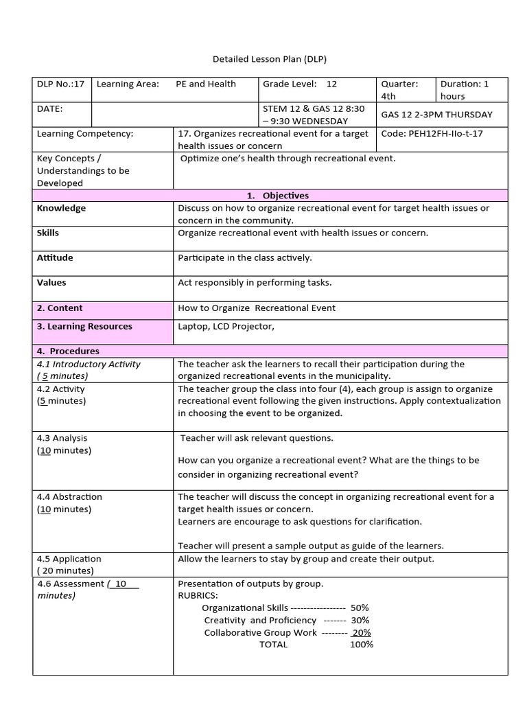 Pe4 DLP Lesson 17 | PDF | Learning | Lesson Plan