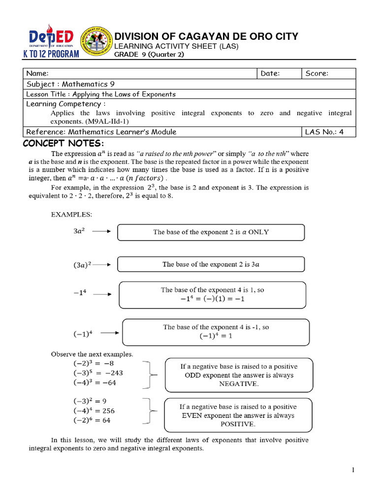 Las Math 9 q2 Las 4 To 6 | Download Free PDF | Exponentiation | Mathematics