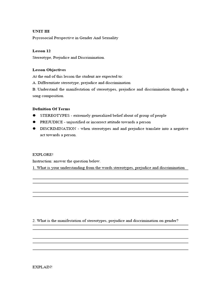 LESSON 12 Stereotype Prejudice and Discrimination | PDF ...
