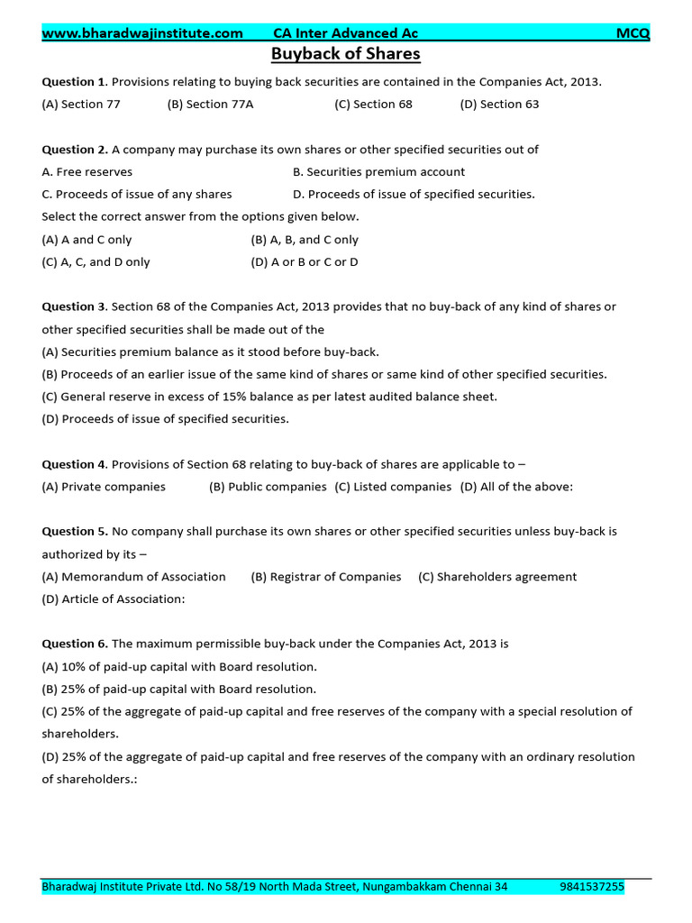 2 MCQ Buyback of Shares | PDF