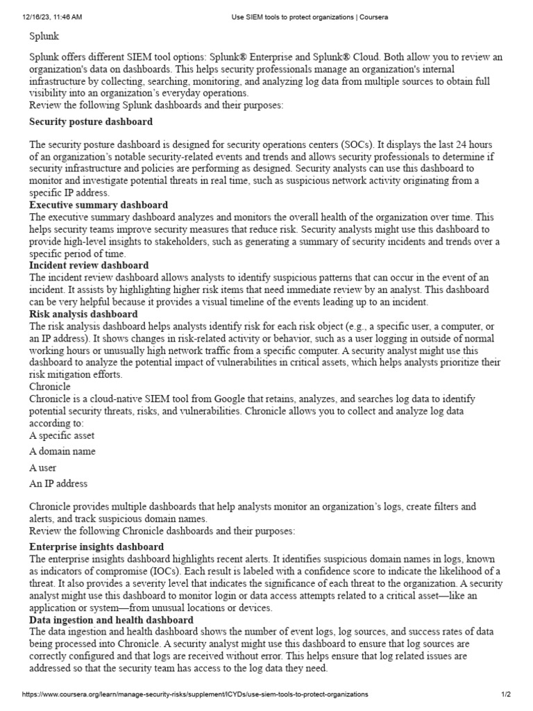 Use SIEM Tools To Protect Organizations - Coursera | PDF | Security | Computer Security