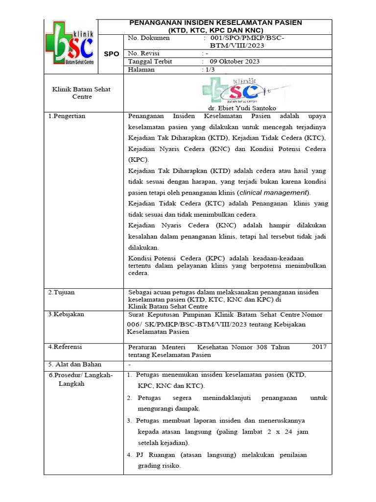 Spo Penanganan Insiden Keselamatan Pasien (KTD, KTC, KPC Dan KNC) | PDF