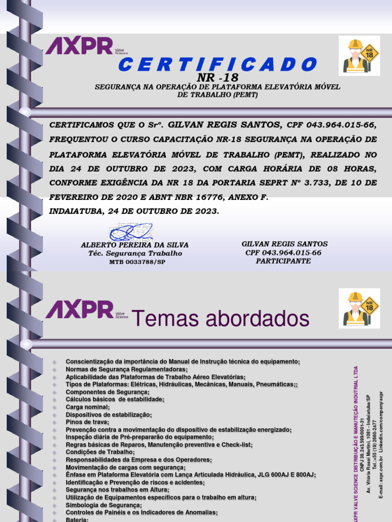 Certificado NR 18 - Pemt Axpr | PDF