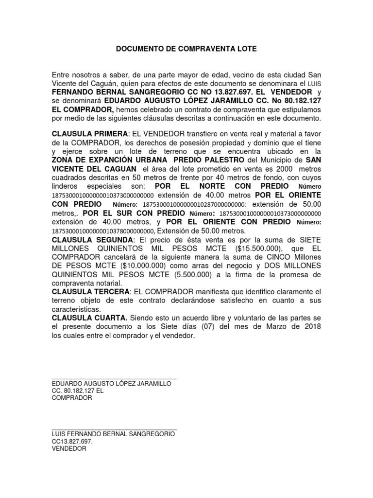 Compraventa de Lote en San Vicente | PDF | Derecho