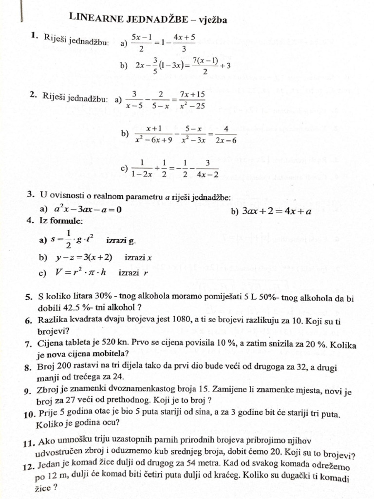 1.razred - Linearne Jednadžbe - Vježba Za Test | PDF