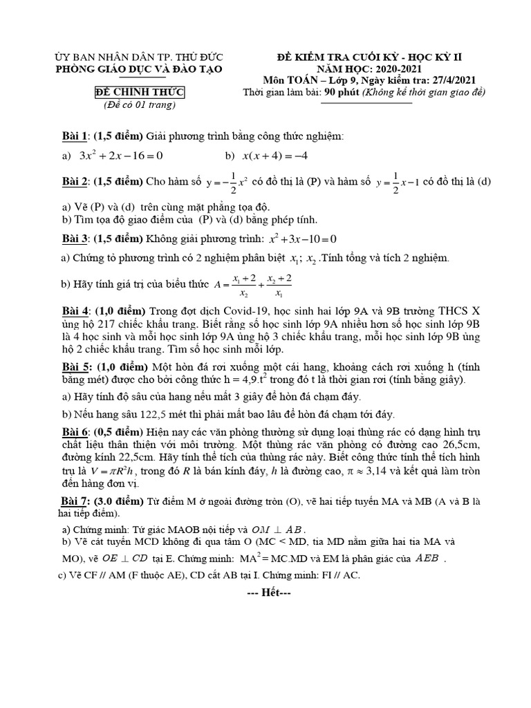 De Thi Cuoi Ky 2 Toan 9 Nam 2020 2021 Phong GDDT Thu Duc TP HCM | PDF