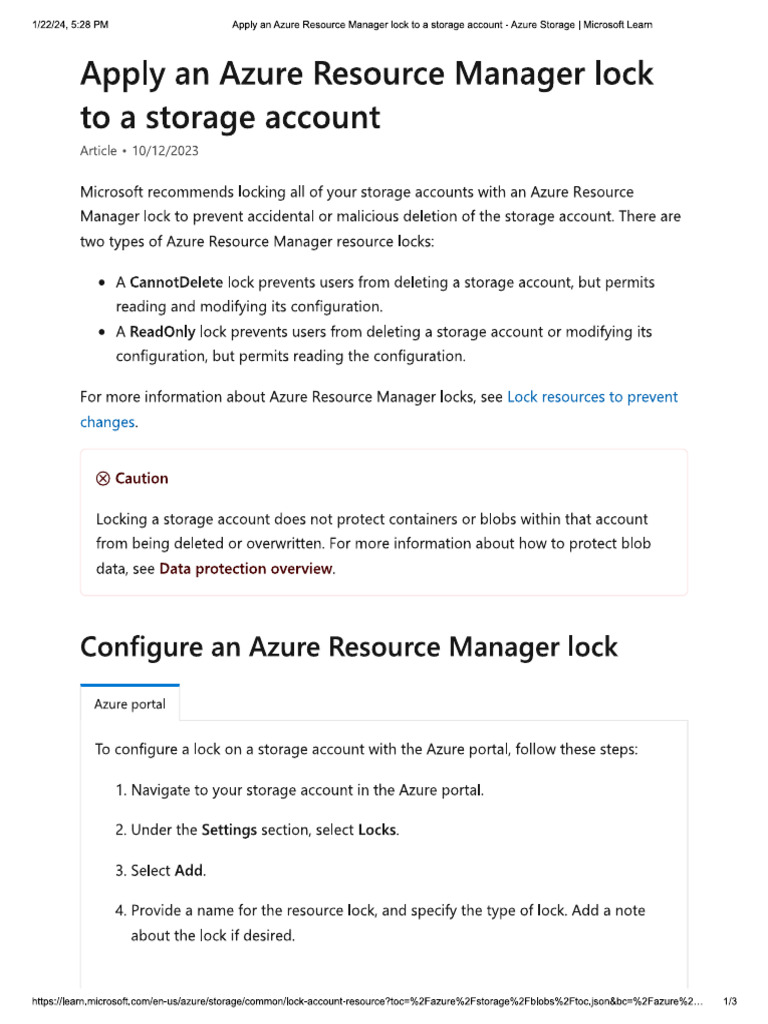 Apply An Azure Resource Manager Lock To A Storage Account | PDF