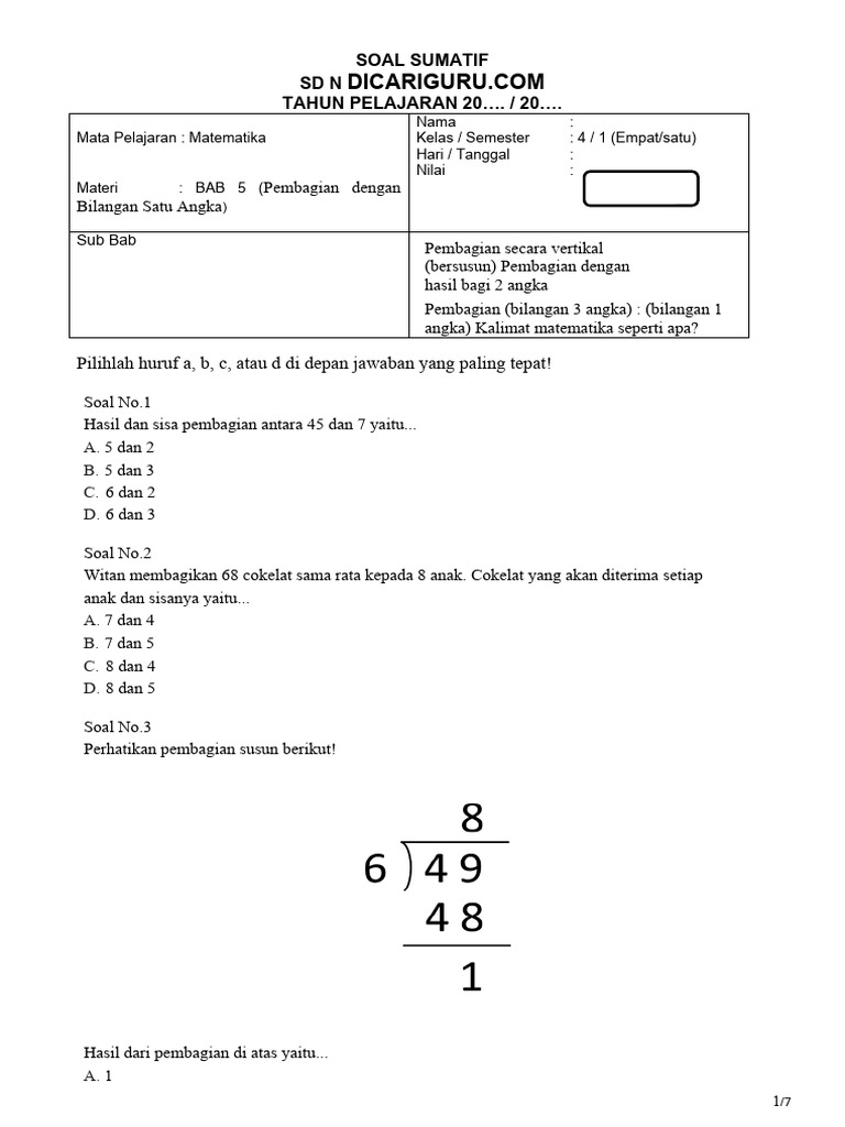 Soal Sumatif MTK Kls 4 Bab 5 | PDF