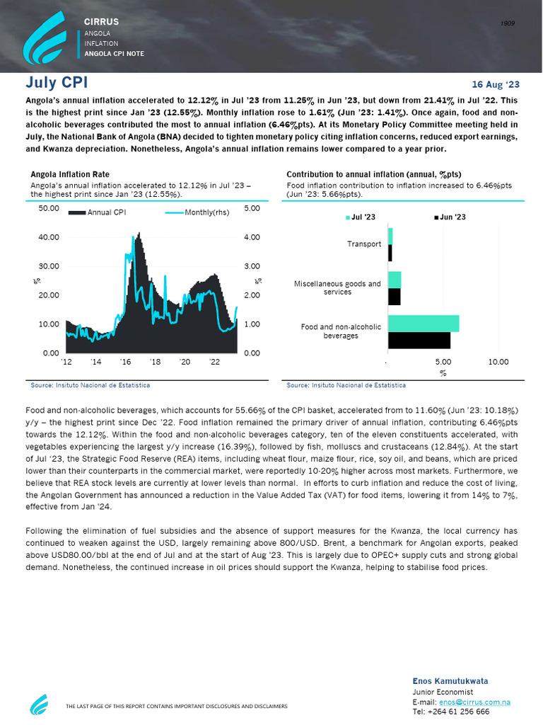 Angola CPI Note July 2023 | PDF | Cost Of Living | Inflation