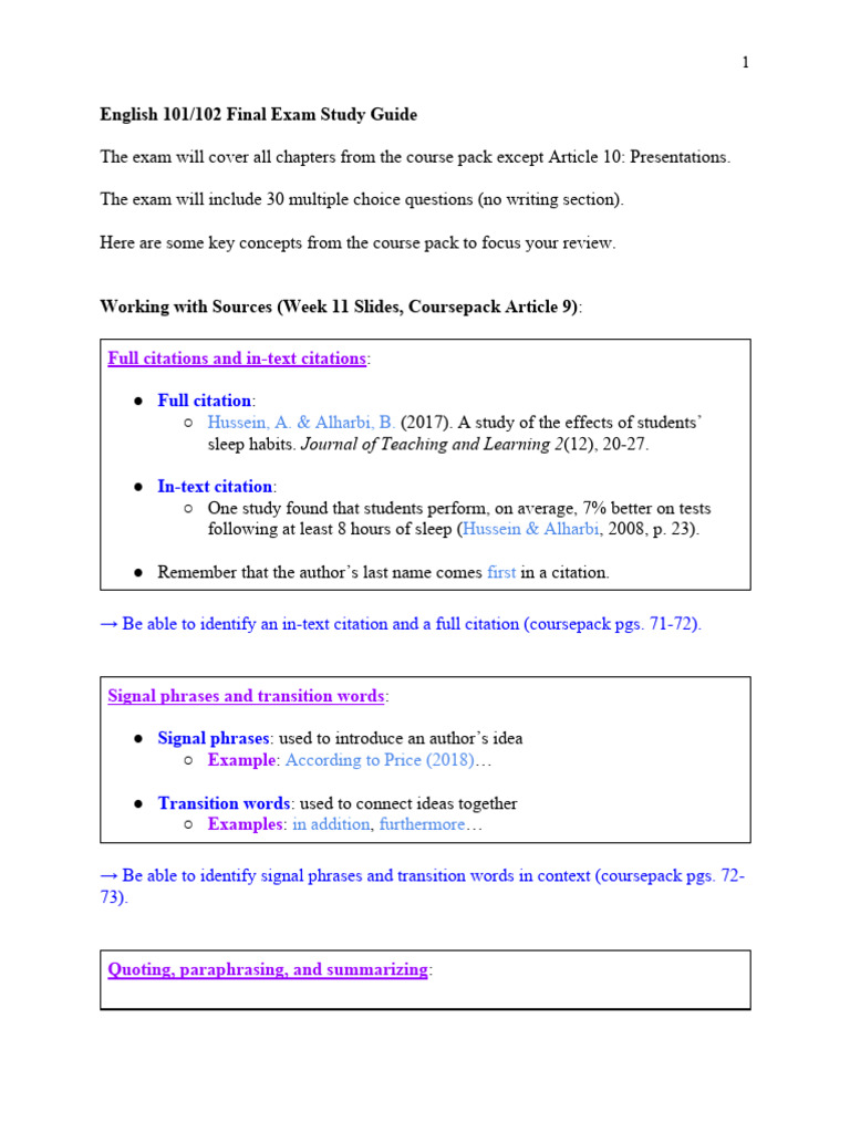 English 101_102 Final Exam Study Guide | PDF | Pronoun | Citation
