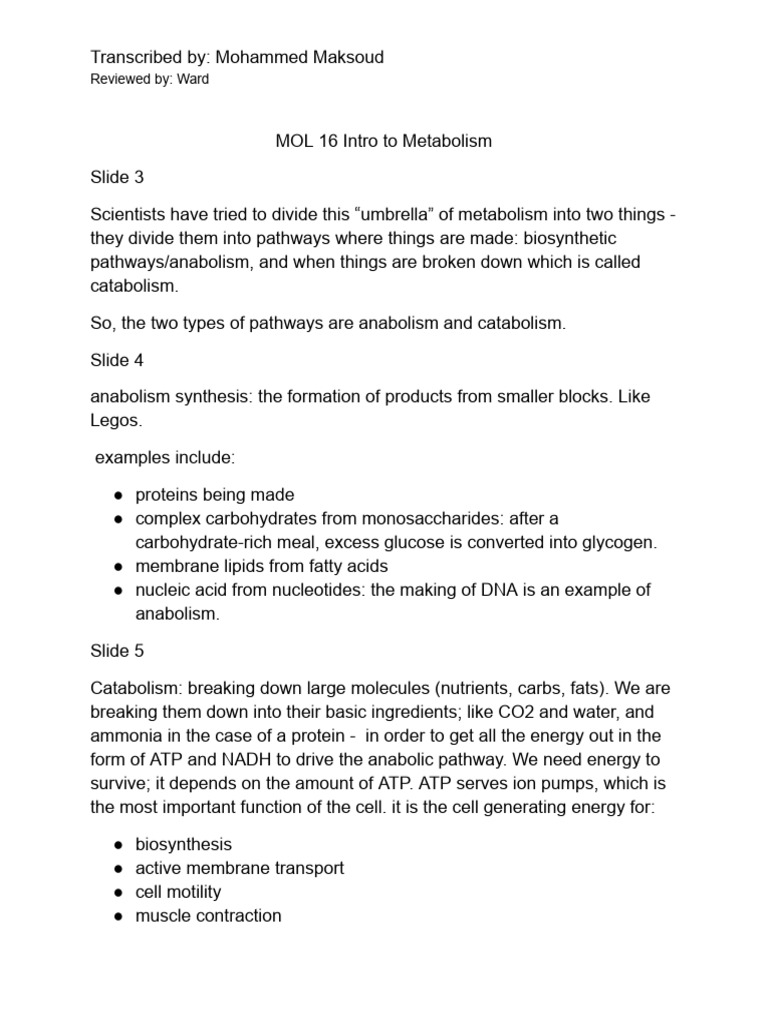 MOL 16 - Intro to Metabolism (1) | PDF | Metabolic Pathway | Enzyme Inhibitor
