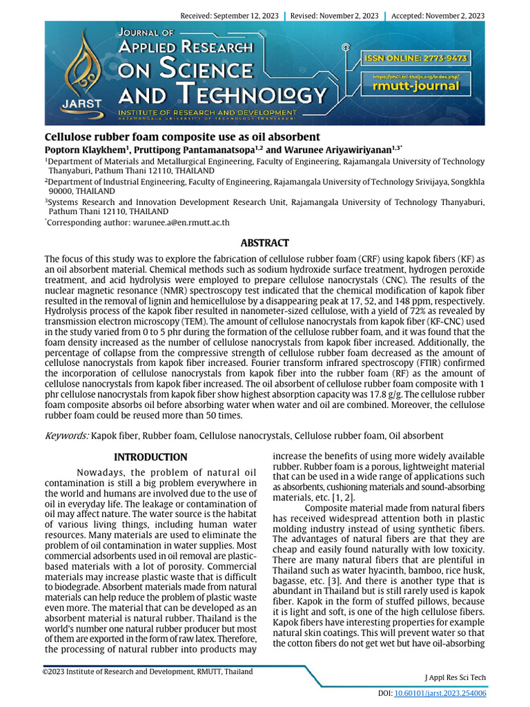 Cellulose Rubber Foam Composite Use As Oil Absorbent | PDF | Sodium ...