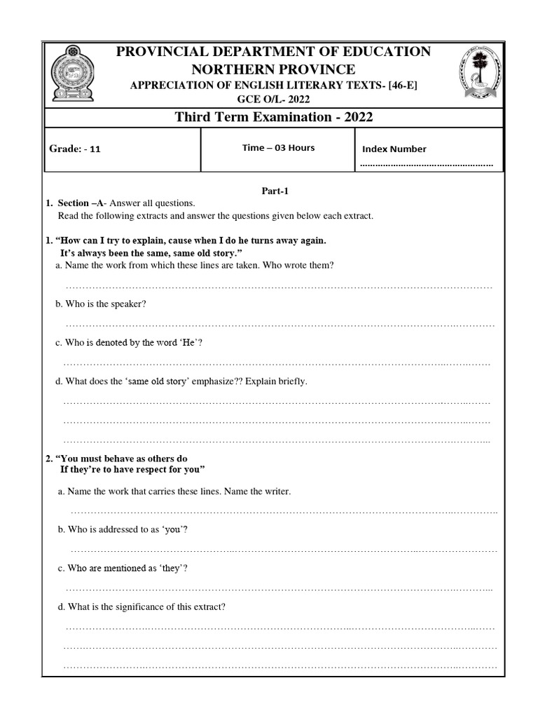 English Literature - Grade 11 - Third Term Test 2022 - Northern ...