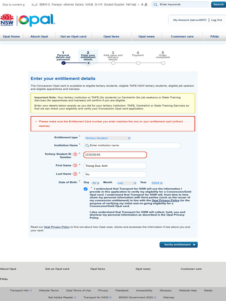 Enter Your Entitlement Details NSW Government Opal | PDF | Banking Technology | Computer Access ...