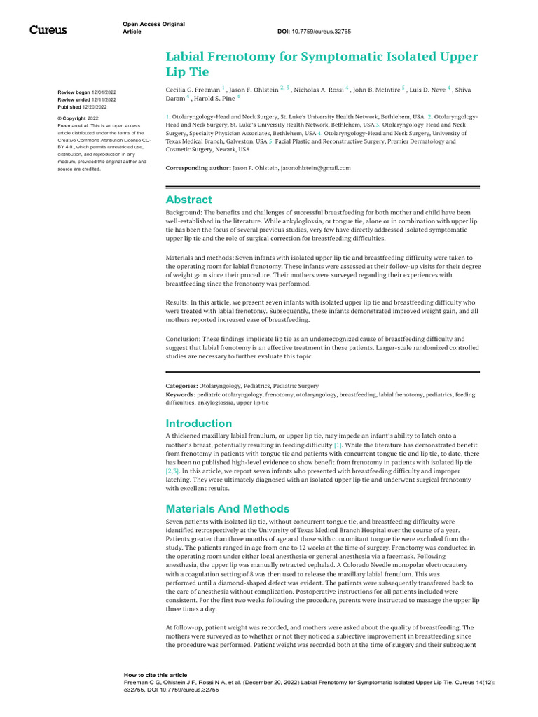 Labial Frenotomy For Symptomatic Isolated Upper Lip Tie Pdf