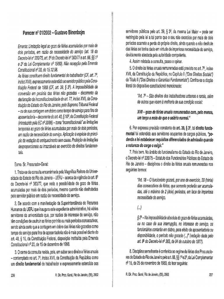 12 Parecer Nº 01.2002 - Gustavo Binenbojm - GOZO FERIAS ACUMULADAS SERVIDOR PUBLICO | PDF