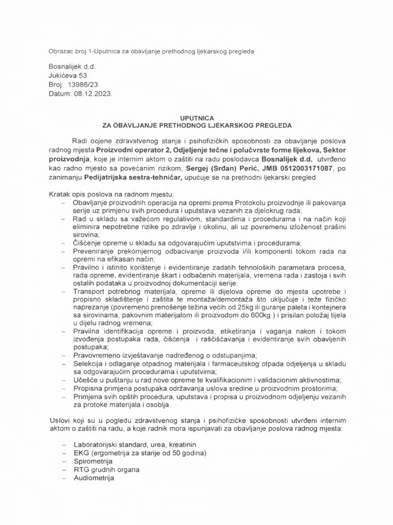 Uputnica Za Ljekarski Pregled | PDF