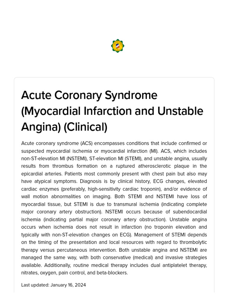 Acute Coronary Syndrome Myocardial Infarction and Unstable Angina ...