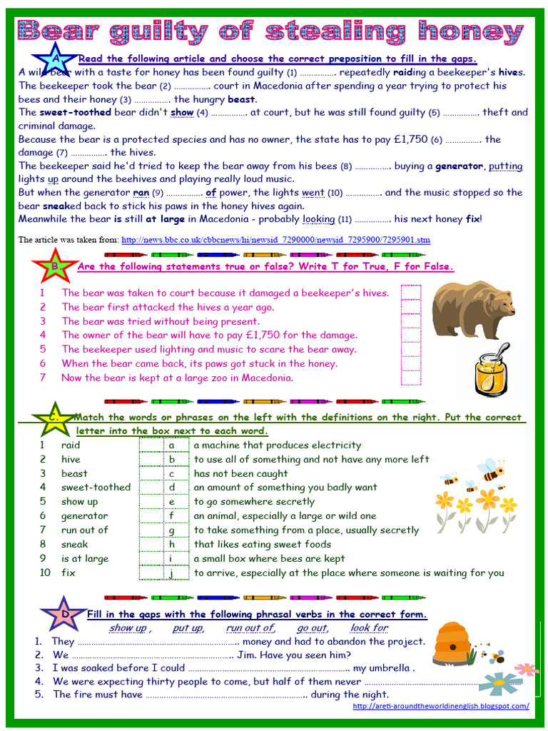 Bear Guilty of Stealing Honey Reading Comprehension Exercises - 14882 ...