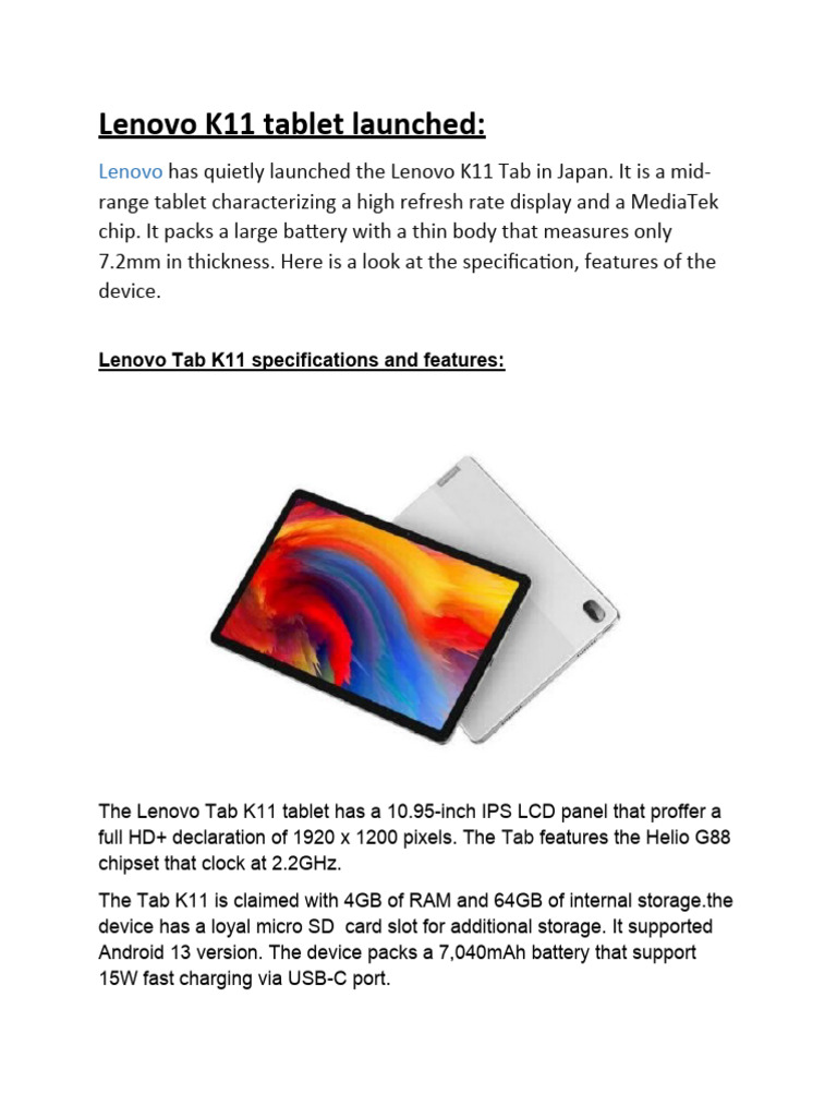 Lenovo K11 Tablet Launched | PDF