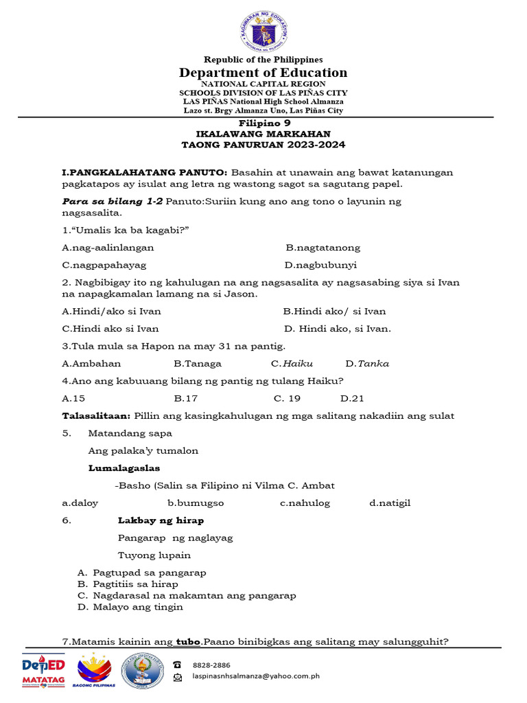 Grade 9 Periodical Test Final | PDF