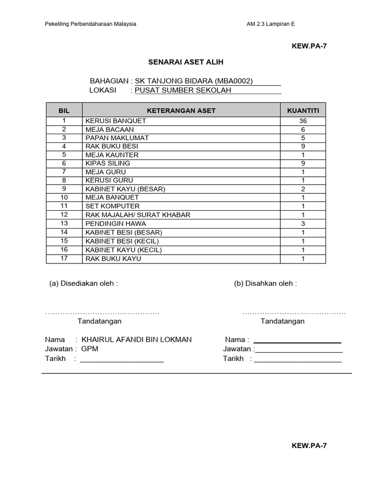 Kew - Pa-7 Borang Senarai Aset Alih | PDF
