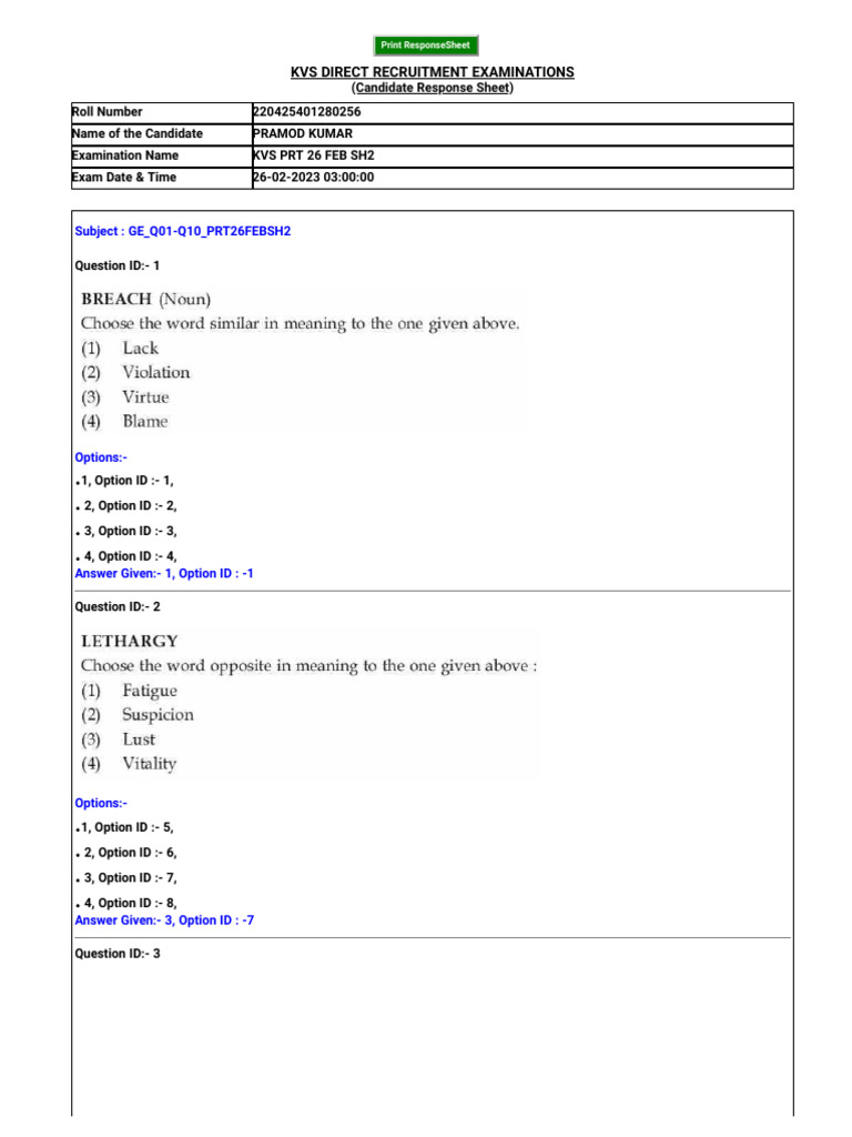 Response Sheet | PDF | Qualifications