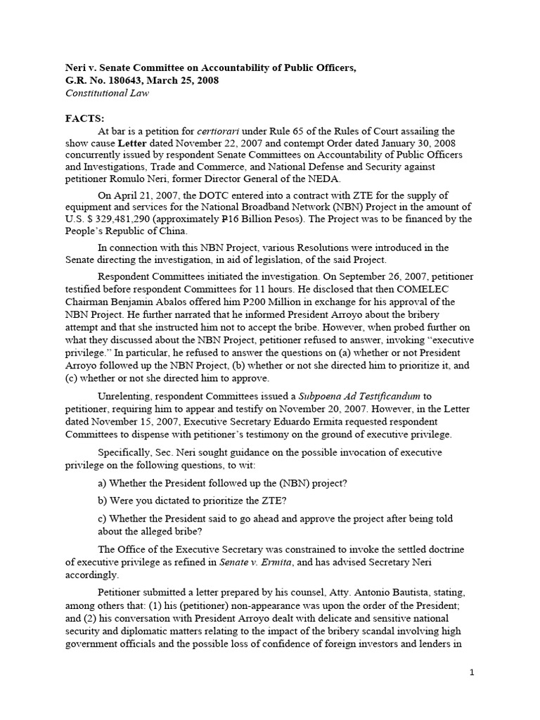 Case 5 Neri VS Senate Committee | PDF | Public Law | Government