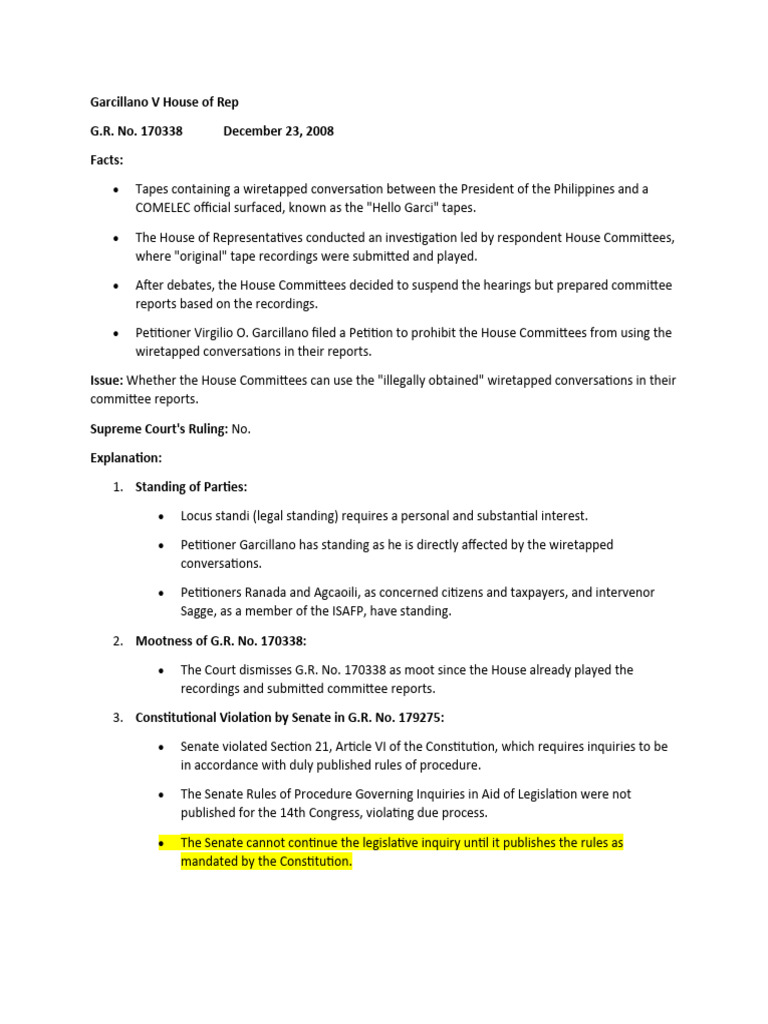 Case 6 Garcillano V House of Rep | PDF | Standing (Law) | United States ...