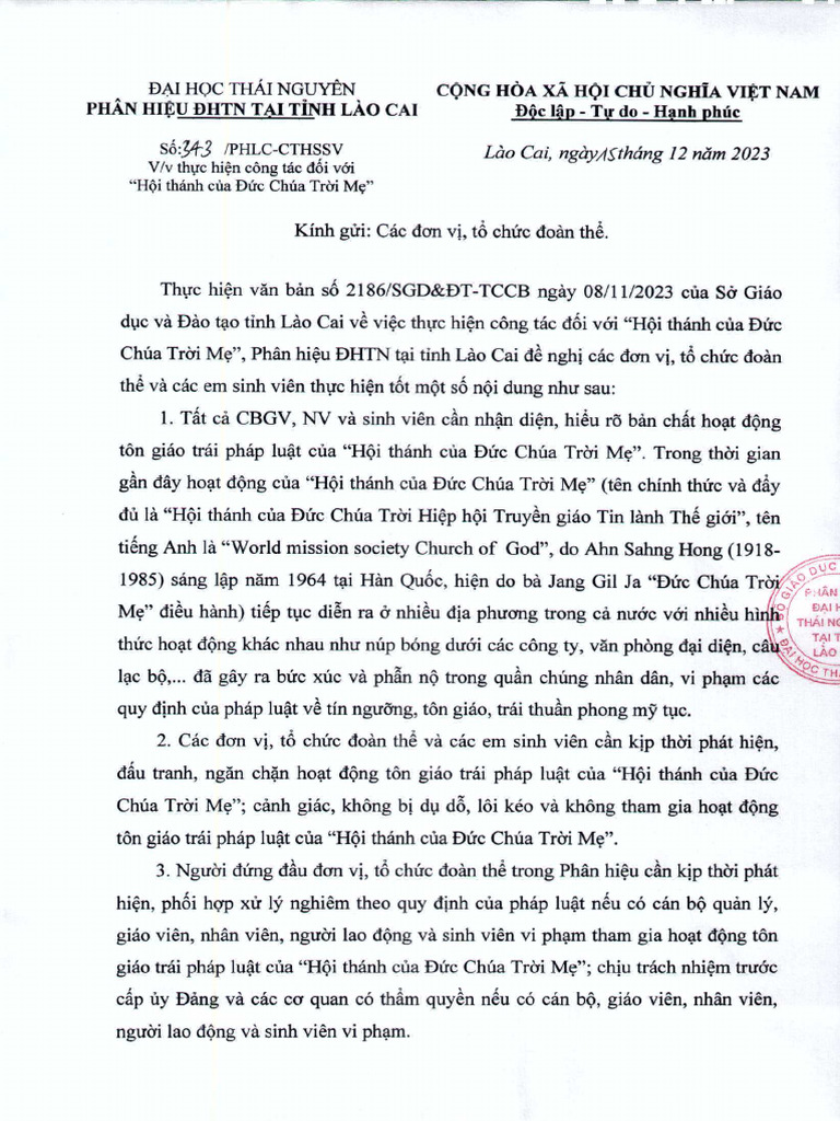 So - 343 - PHLC - CTHSSV - Cong - Tac - Doi Voi - Hoi - Thanh - Cua - Duc - Chua - Troi - Me ...