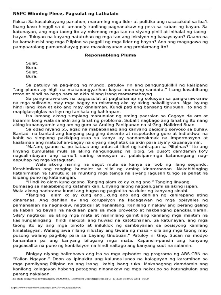 NSPC 2014 Winning Piece Pagsulat NG Lathalain | PDF