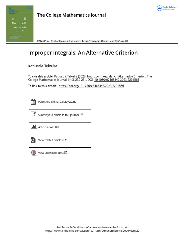 Improper Integrals An Alternative Criterion | PDF | Integral | Area