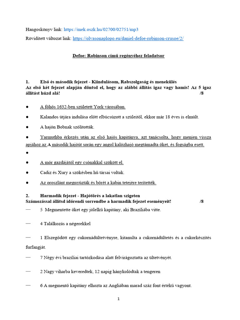 Kristóf Rákóczi - Defoe - Robinson Feladatsor | PDF