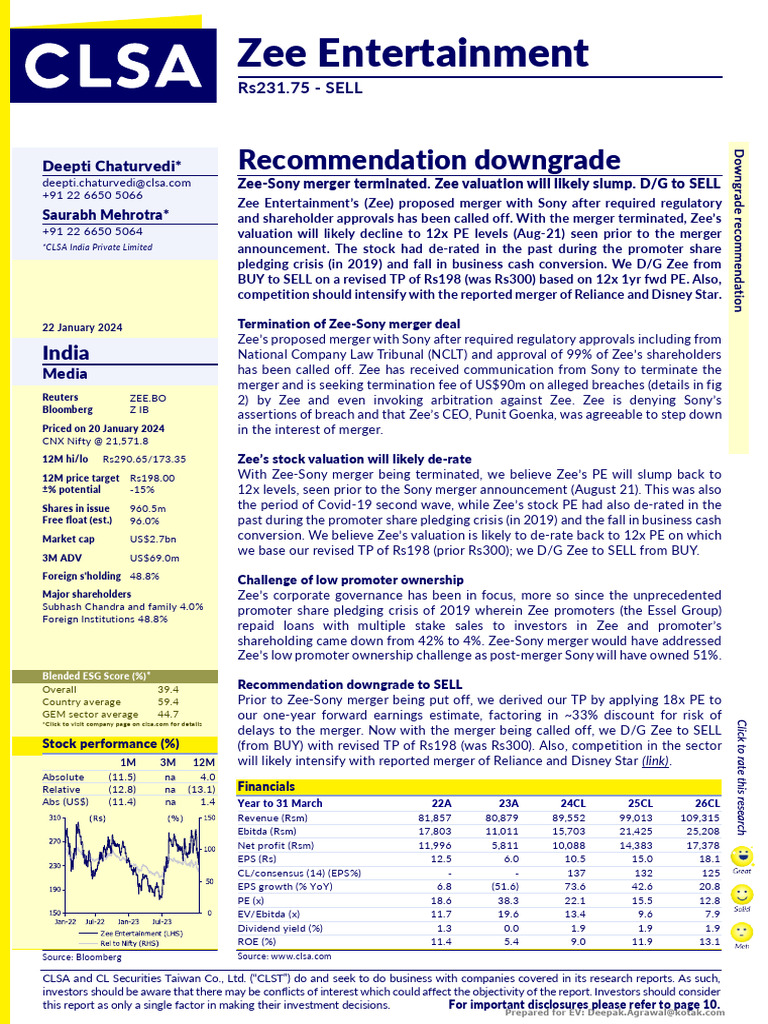 Zee Entertainment Merger Terminated | PDF | Equity (Finance) | Free ...