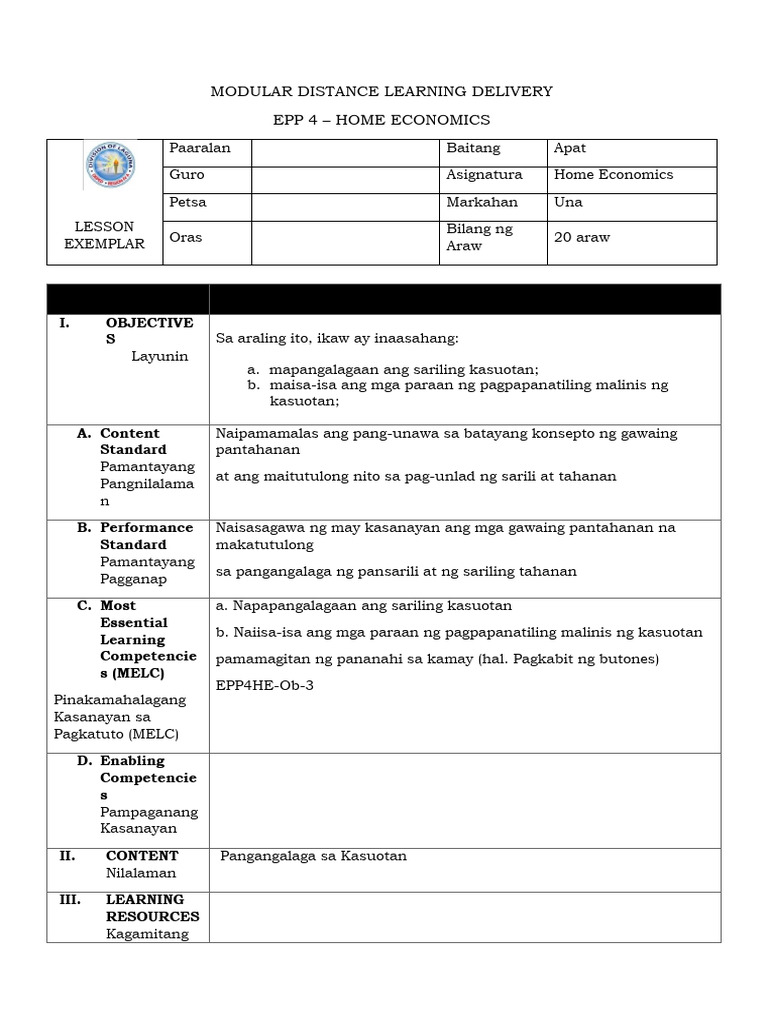 Epp He 4 Lesson Exemplar | PDF