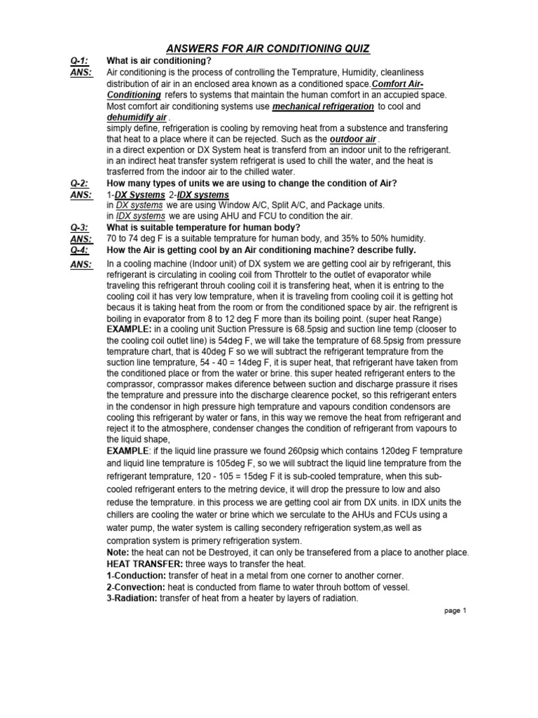 Answers For Air Conditioning Quiz. | PDF | Air Conditioning | Equipment