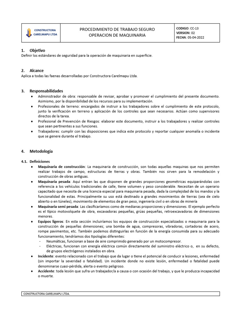 Procedimiento Operacion de Maquinaria | PDF