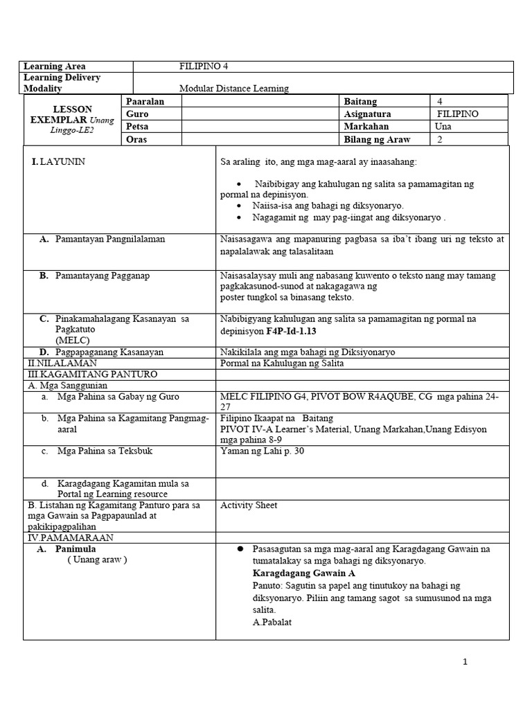 Filipino4-Week1-LE2 Unang Markahan | PDF