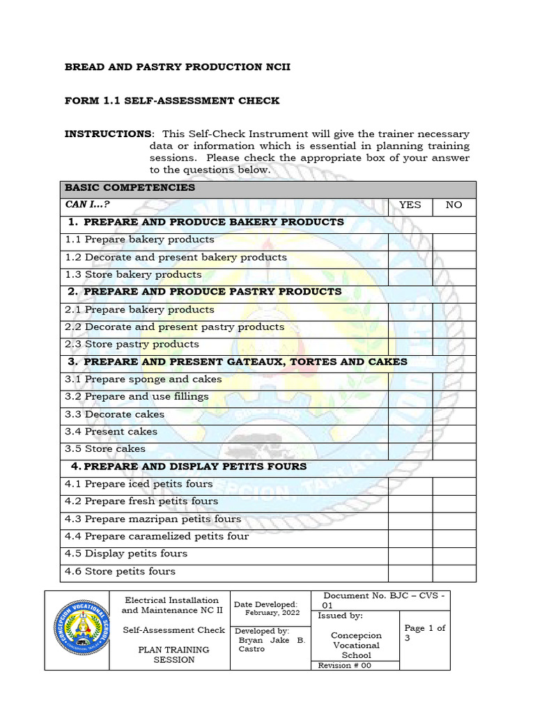 FORM 1.1 Self- Assessment Checklist | PDF | Electrical Wiring | Electrical Equipment