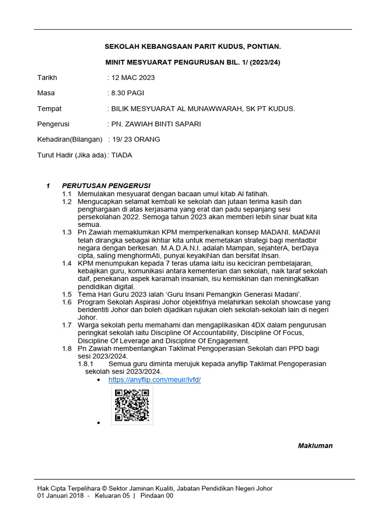 PK07-2 Minit Mesy Pengurusan Bil.1 2023 | PDF