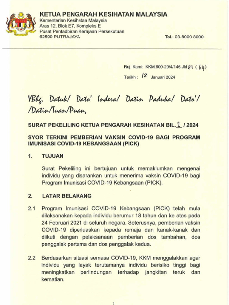 18 Januari 2024 Surat Pekeliling KPK Bil 1 - 2024 Syor Terkini PICK | PDF