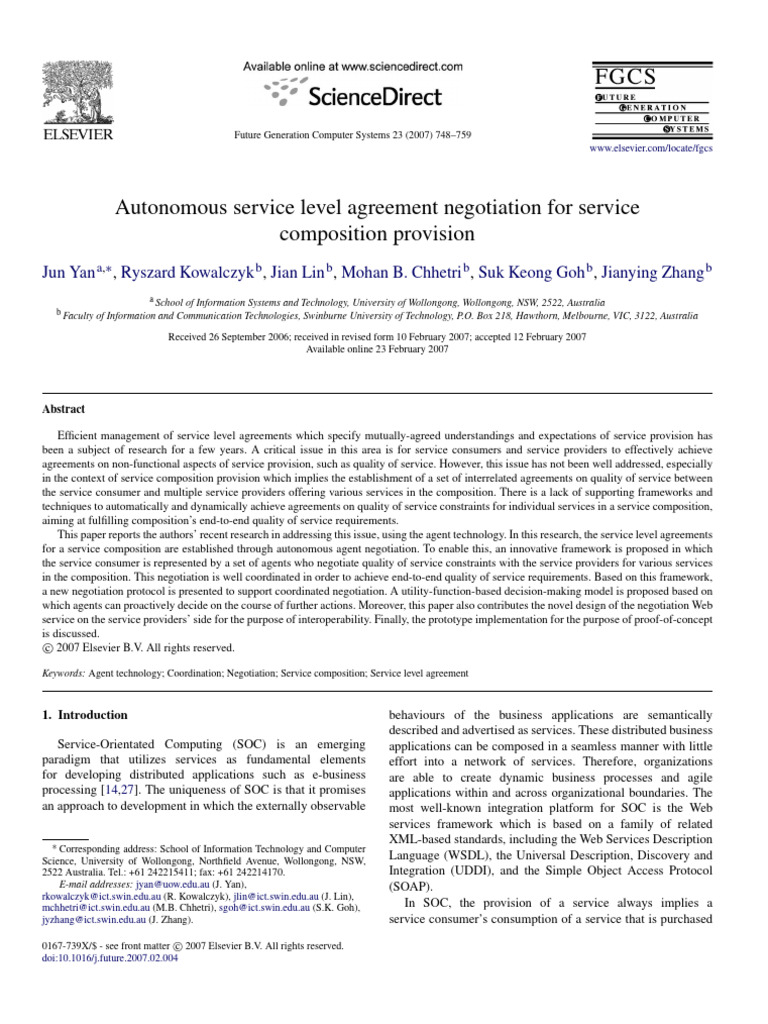 Autonomous Service Level Agreement Negotiation For Service Composition Provision | PDF | Service ...