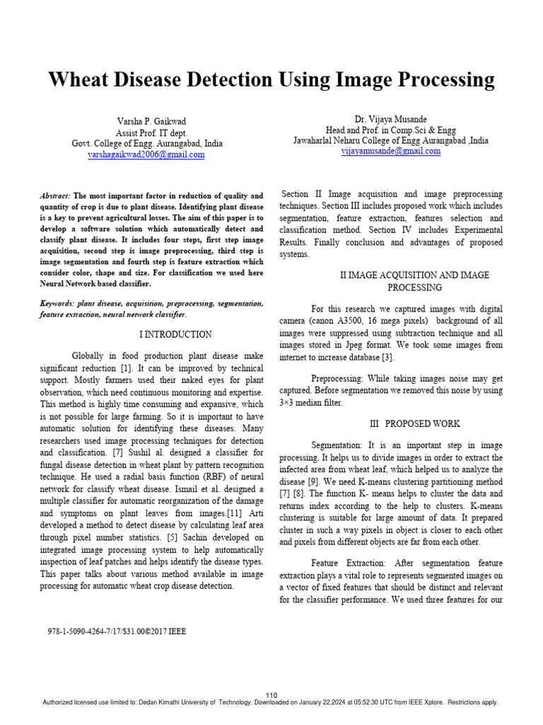 Wheat Disease Detection Using Image Processing | PDF | Image Segmentation | Statistical ...