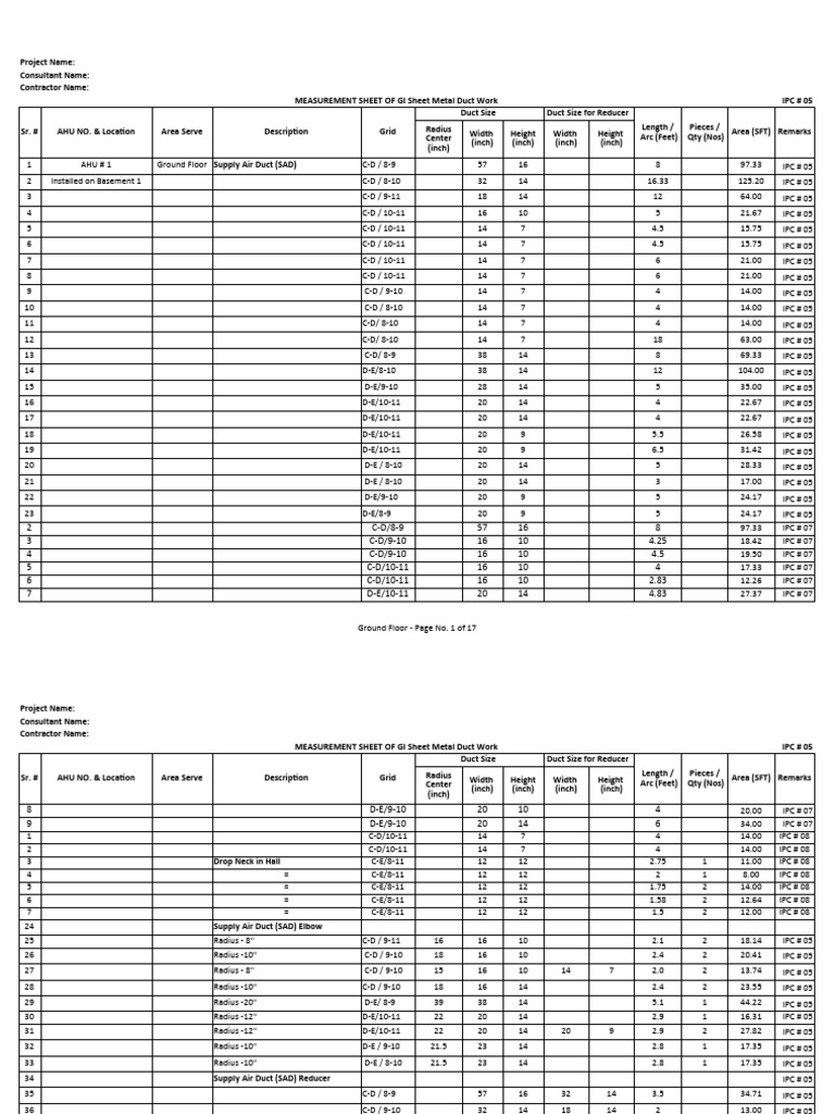 Measurement Sheet of Duct works | PDF | Building | Building Engineering