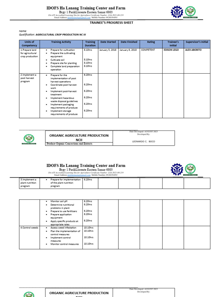 2 1 3 Trainee S Progress Sheet Pdf Agriculture Organic Farming
