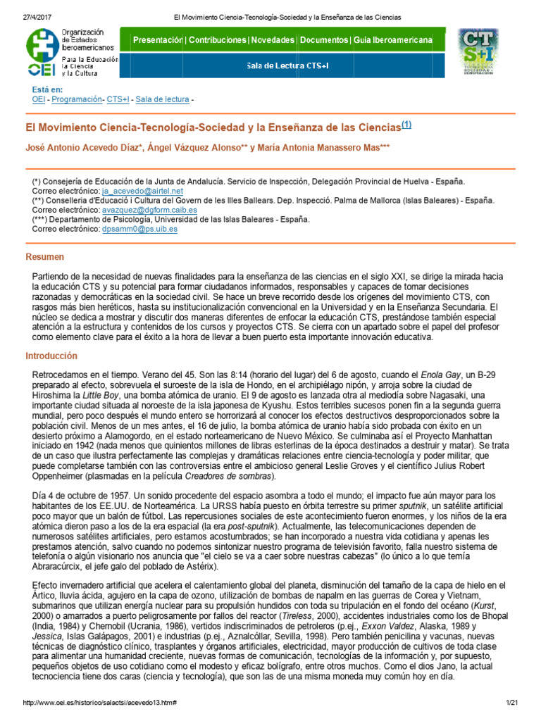 El Movimiento Ciencia-Tecnología-Sociedad y La Enseñanza de Las Ciencias | PDF | Plan de ...