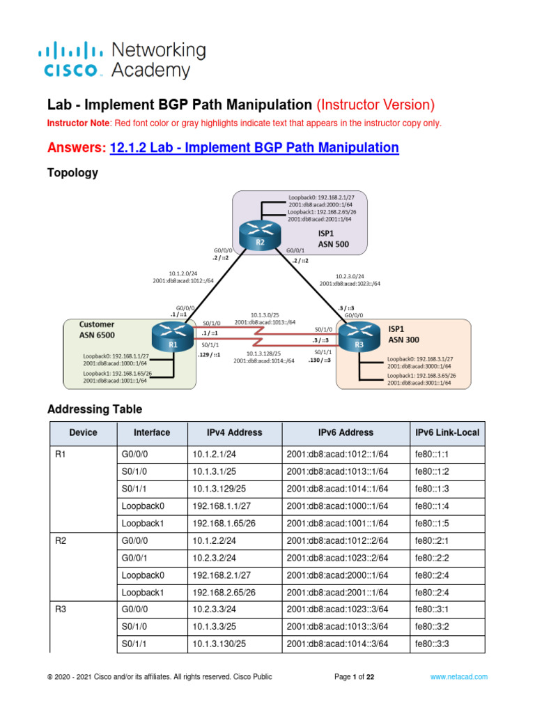 12.1.2 Lab - Implement BGP Path Manipulation - ITExamAnswers | PDF | I Pv6 | Ip Address
