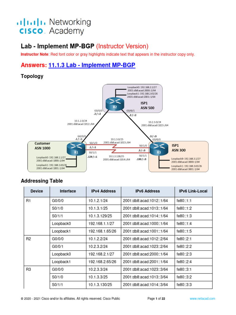 11.1.3 Lab - Implement MP-BGP - ITExamAnswers | PDF | I Pv6 | Ip Address