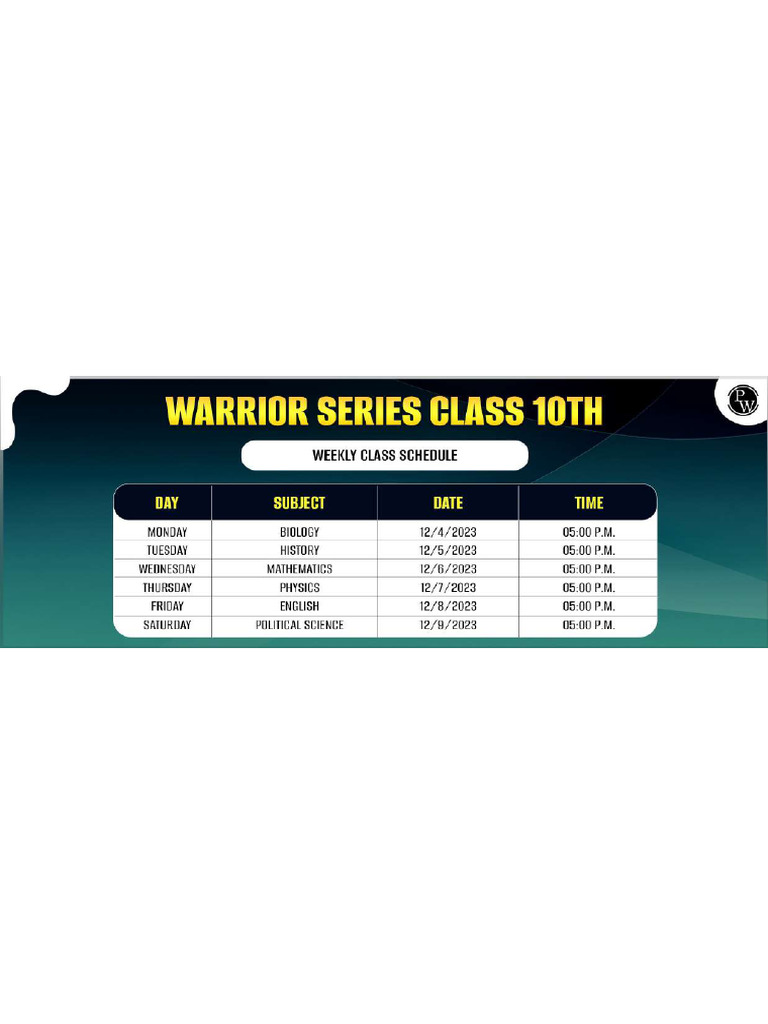 Weekly Class Schedule __ WARRIOR SERIES CLASS-10TH | PDF